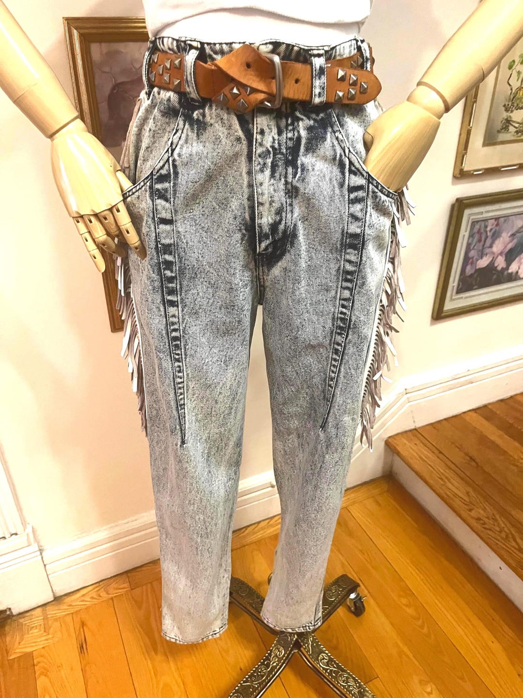 80s Vintage Acid Wash Jeans High Waist Acid Wash Fringe Trim Jeans
