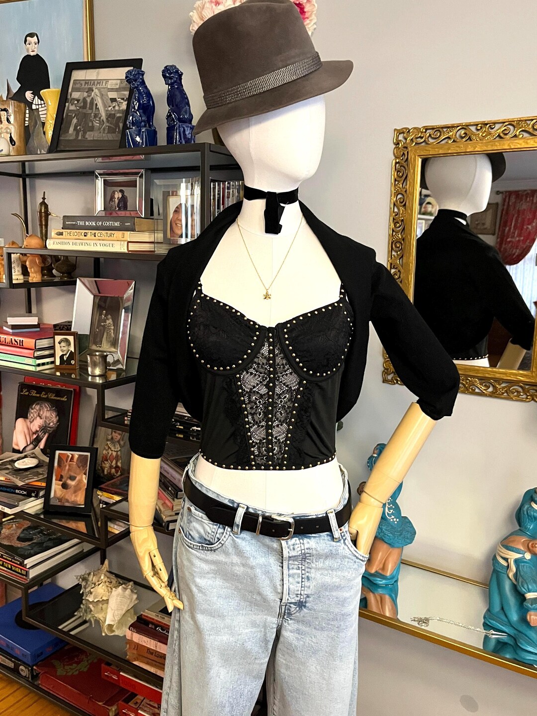 Studded Stretch Bustier, Black Gold Studded Bustier Top, Lycra Lace ...