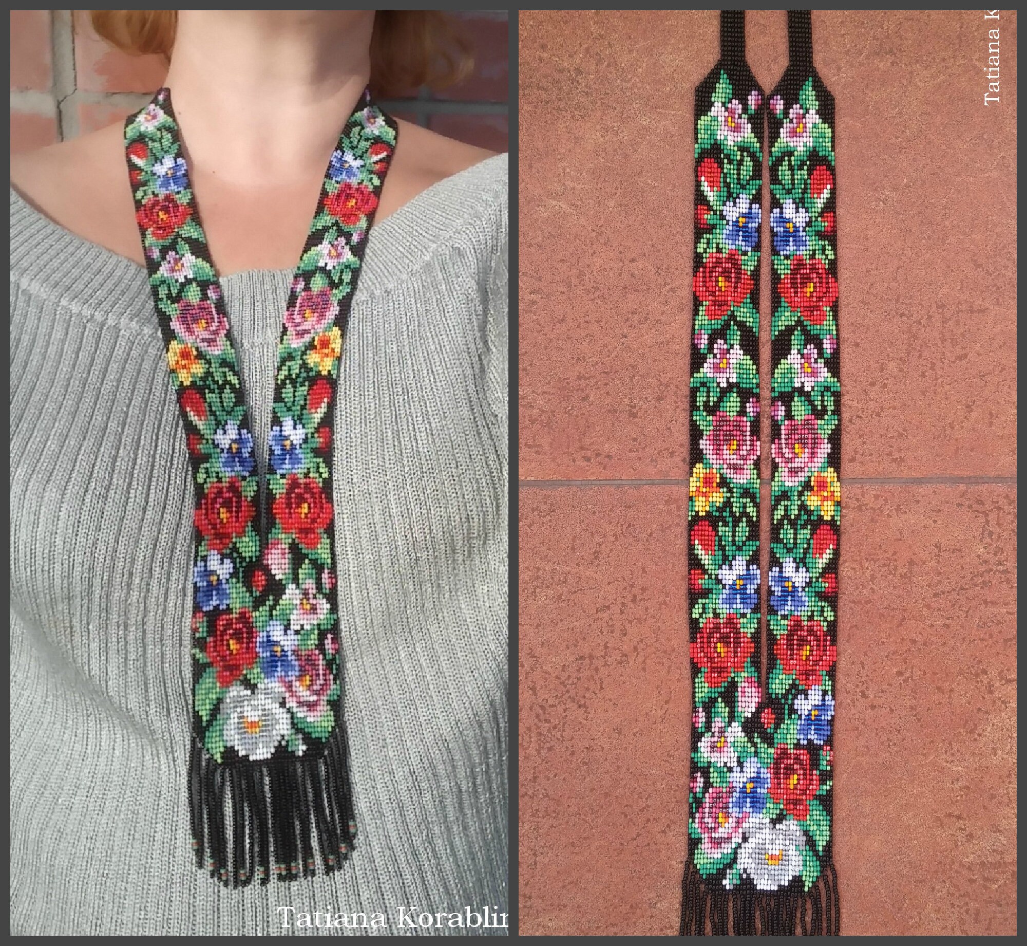 Ukrainian Beaded necklace Flowers necklace Long Multicolor | Etsy