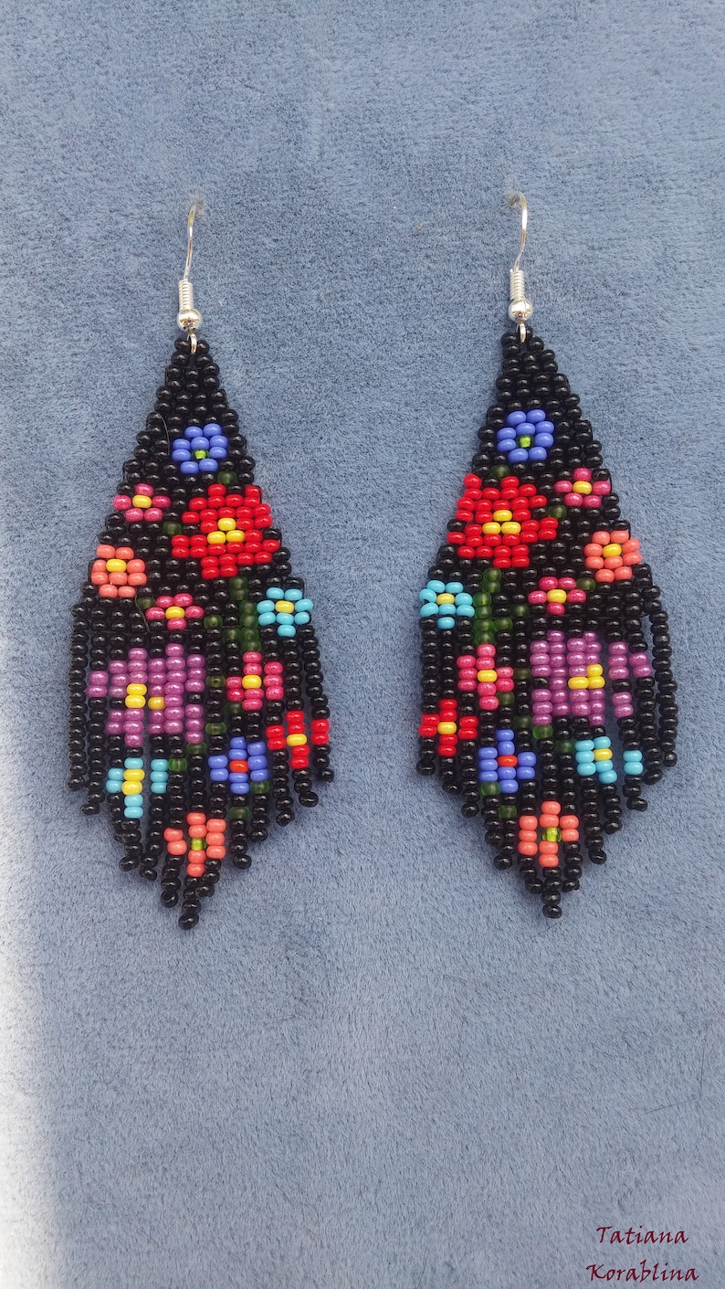 Unique Author's Earrings With Abstract Floral Print Beaded - Etsy