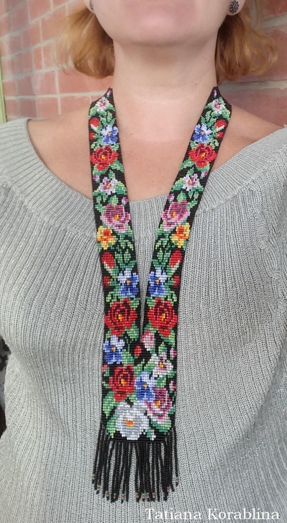 Ukrainian Beaded necklace Flowers necklace Long Multicolor | Etsy