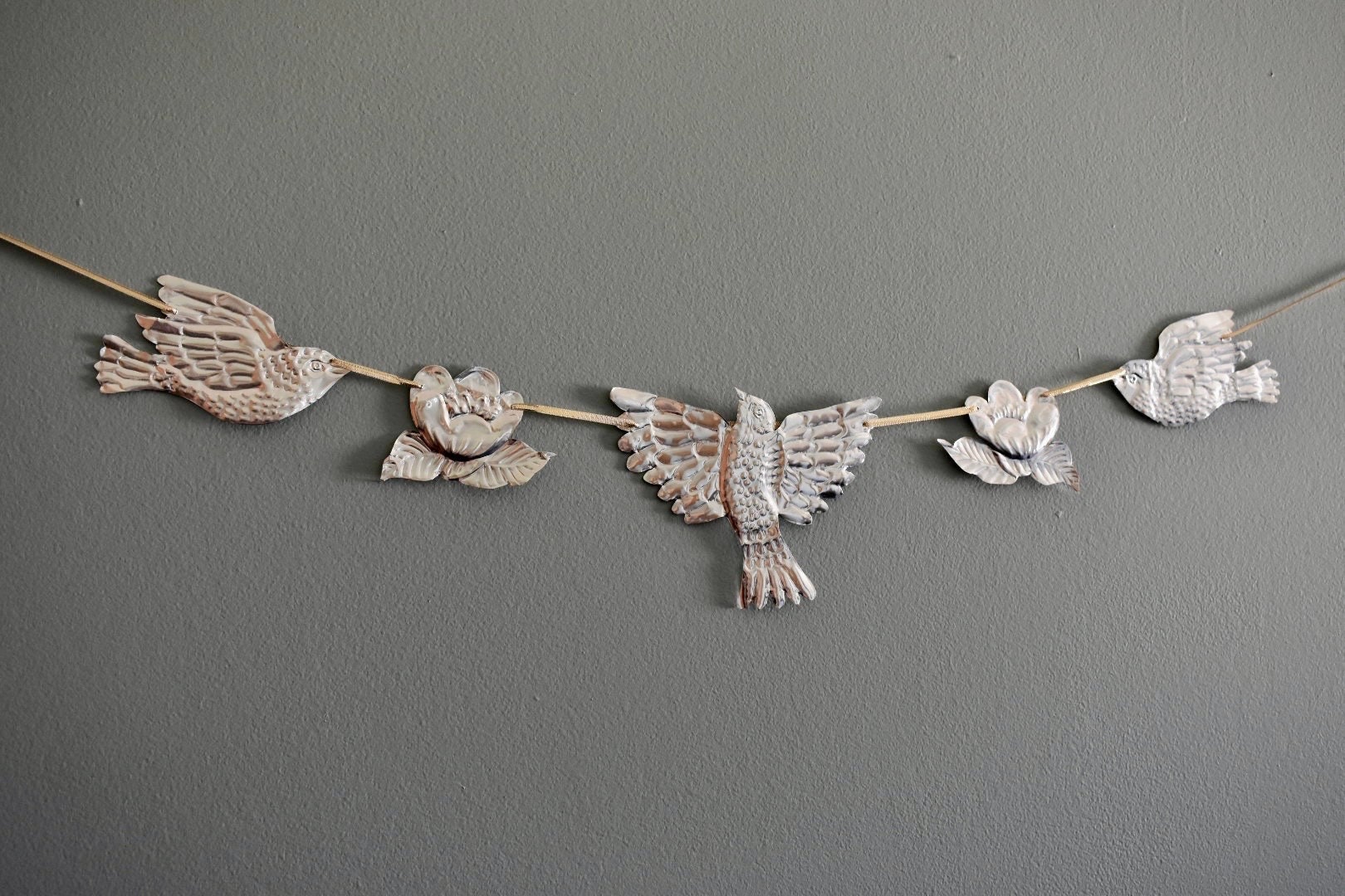 Embossed Tin Bird Garland - Hand Embossed Metal Flying Bird and Flower ...