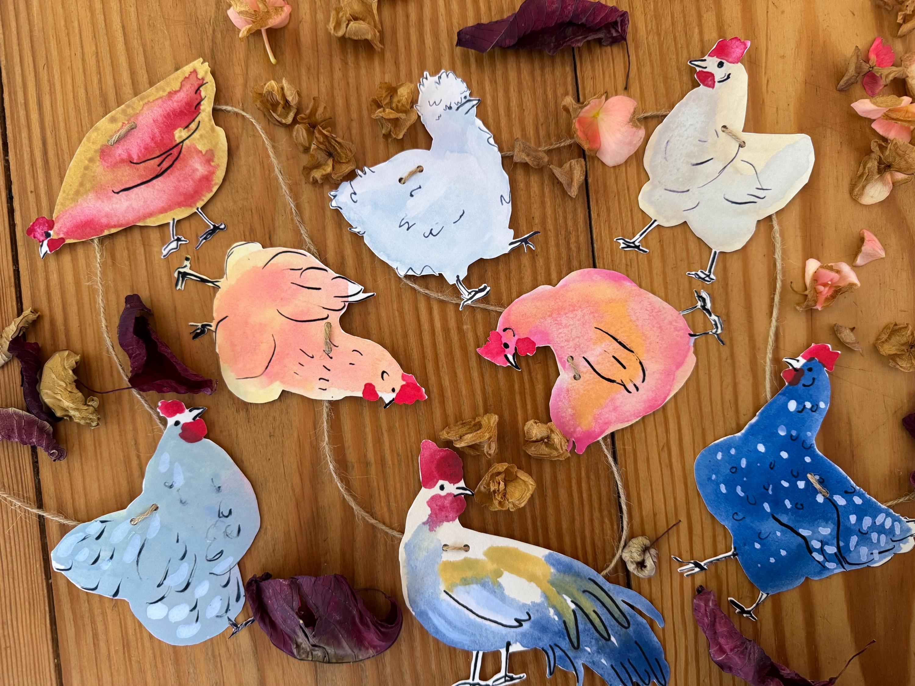 Chicken Garland - Illustrated Paper Garland - Pet Hens and a Rooster ...