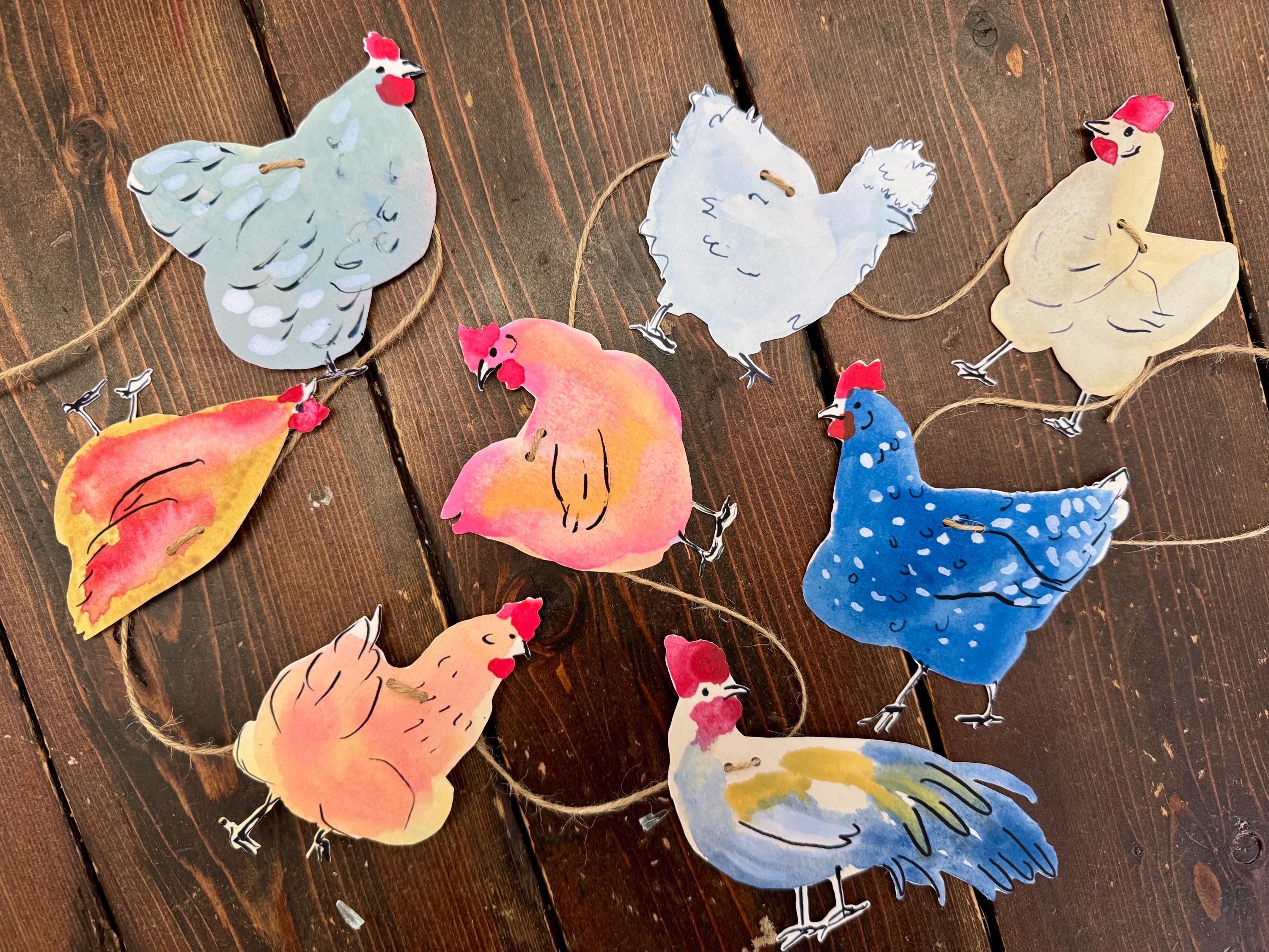 Chicken Garland - Illustrated Paper Garland - Pet Hens and a Rooster ...