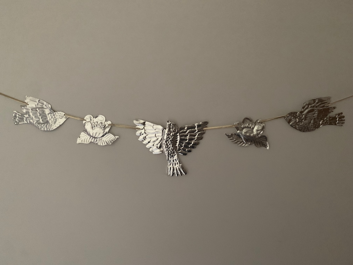 Embossed Tin Bird Garland - Hand Embossed Metal Flying Bird and Flower ...
