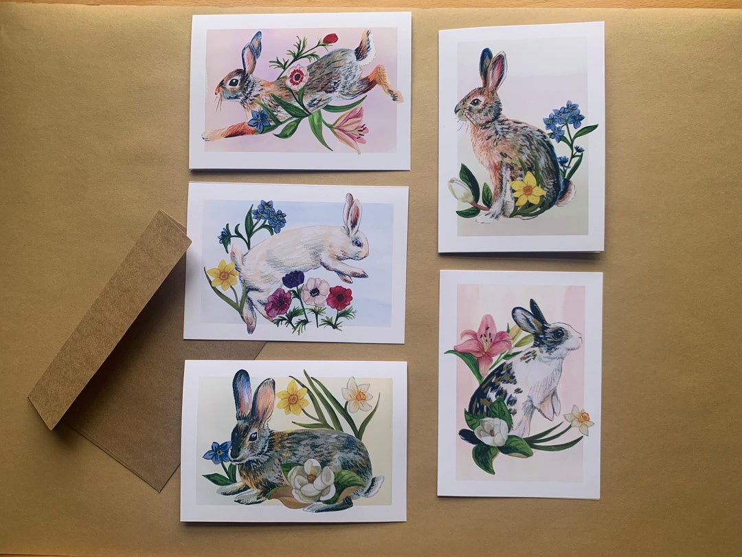 Set of 5 Illustrated Folk Art Rabbit Cards 5 X 7 Folded Greeting Cards ...