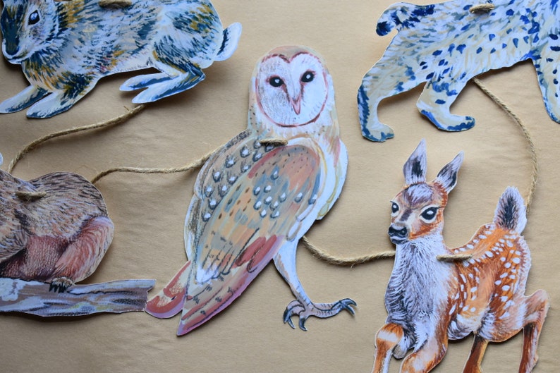 Woodland Animals Illustrated Paper Garland - Owl, Rabbit, Bobcat, Deer ...