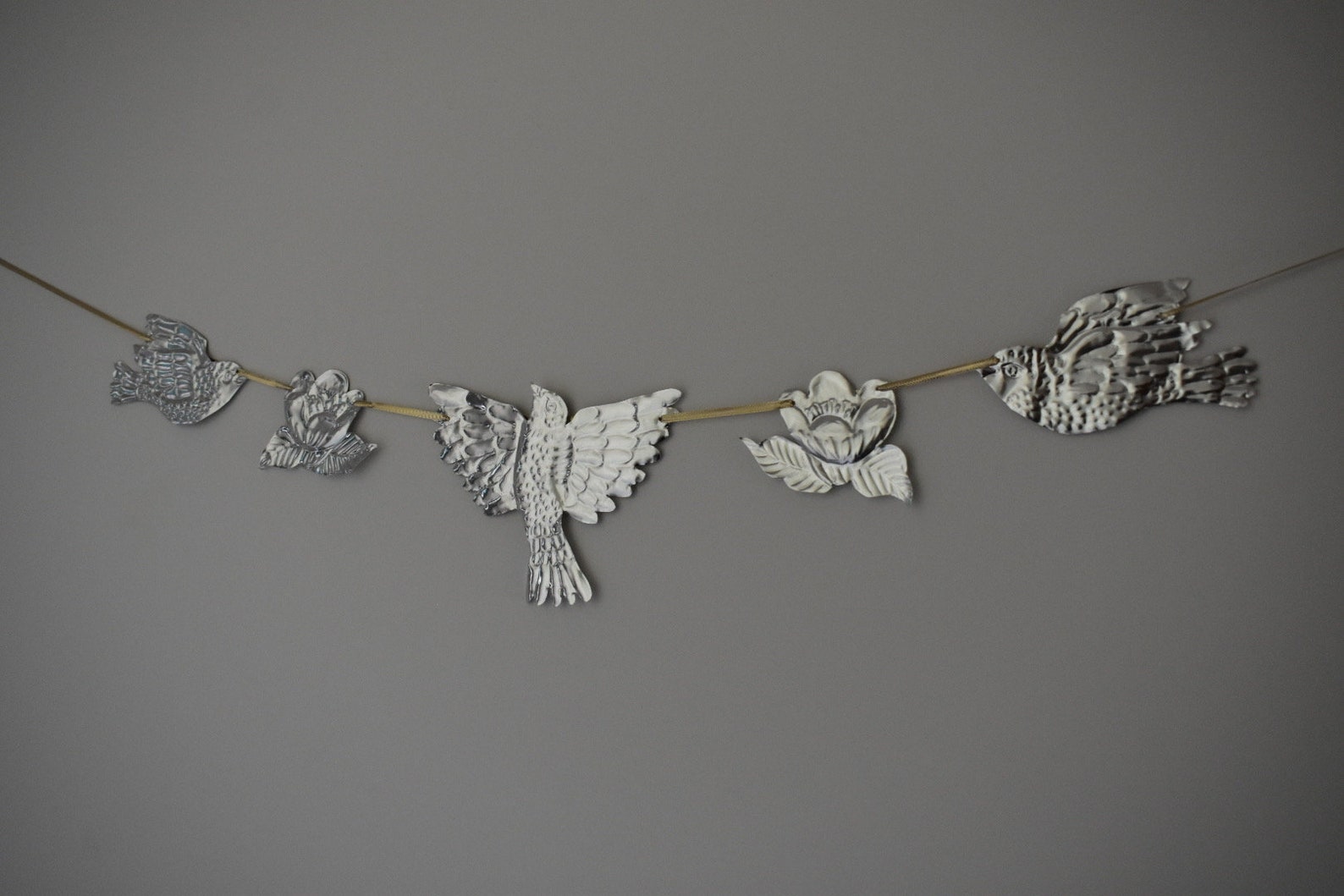Embossed Tin Bird Garland - Hand Embossed Metal Flying Bird and Flower ...