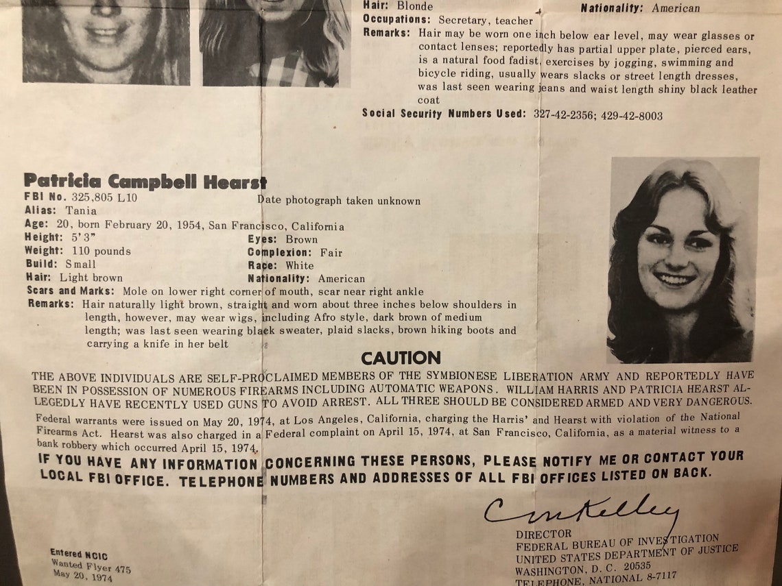 1974 Patty Hearst Fbi Wanted Poster Etsy