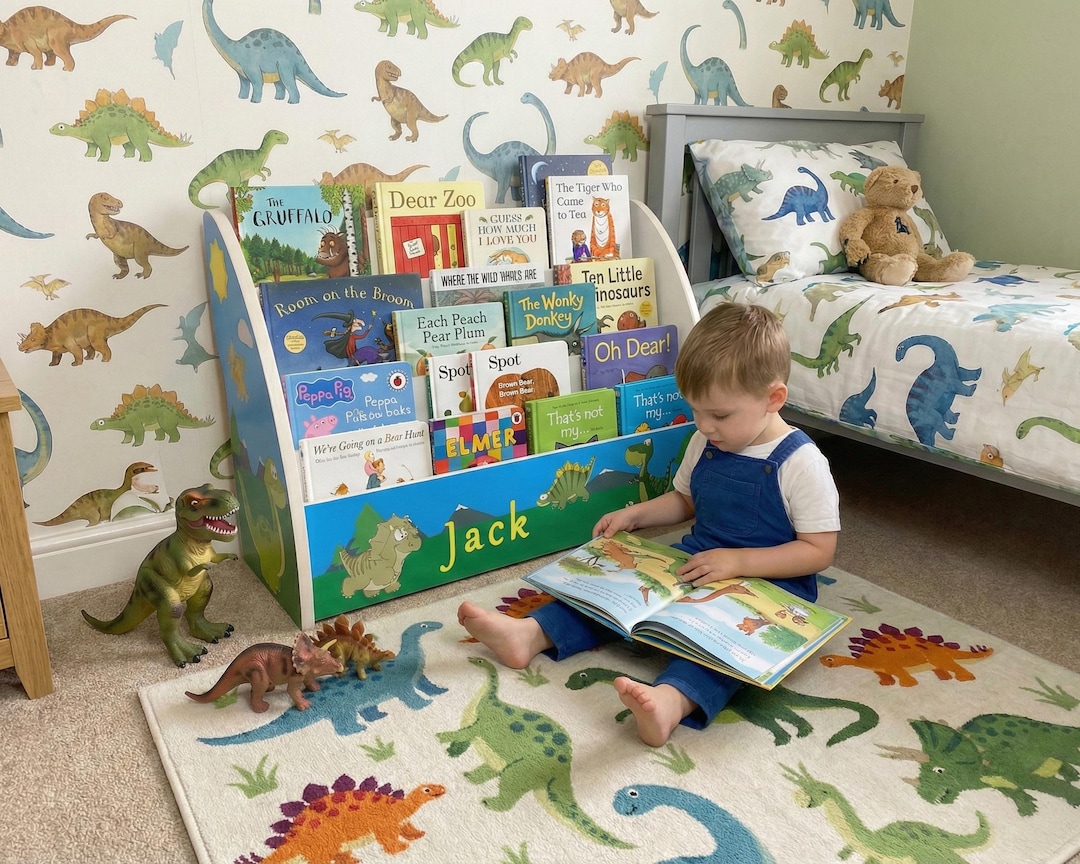 Personalised Dinosaur Bookcase: Front-facing Kids Bookshelf, Handmade ...