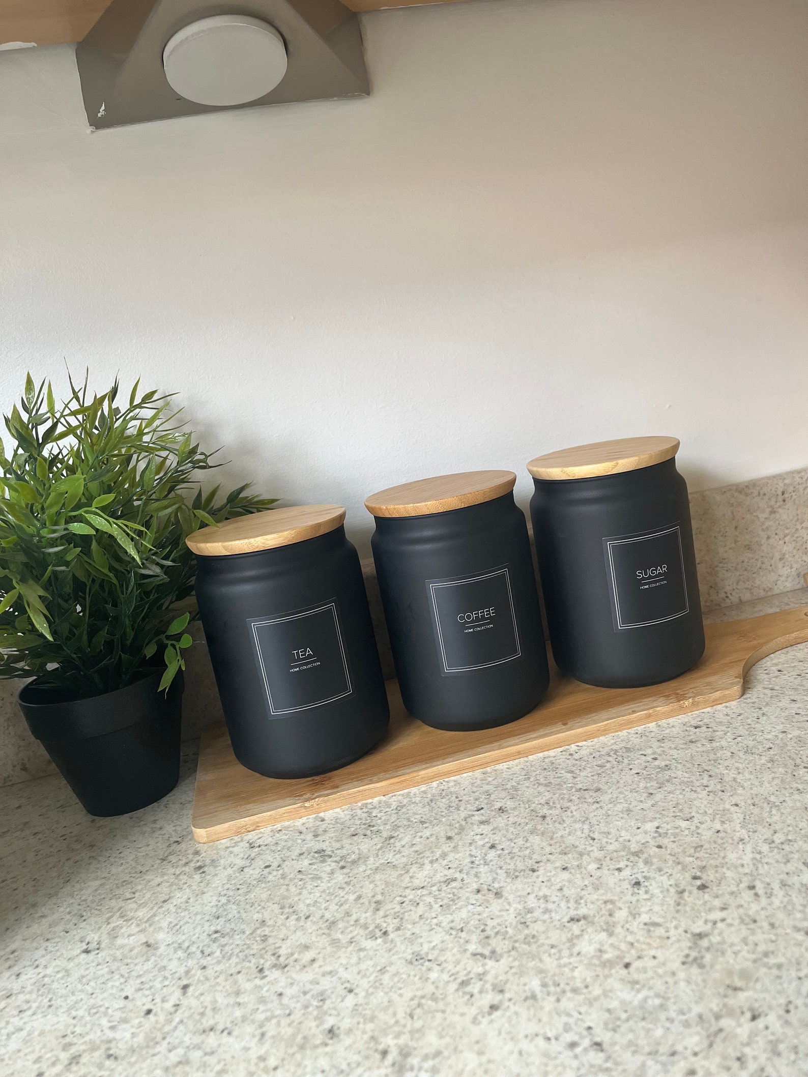 Set of 3 Black Jars Canisters. Tea Coffee Sugar. Bamboo Lid Storage ...