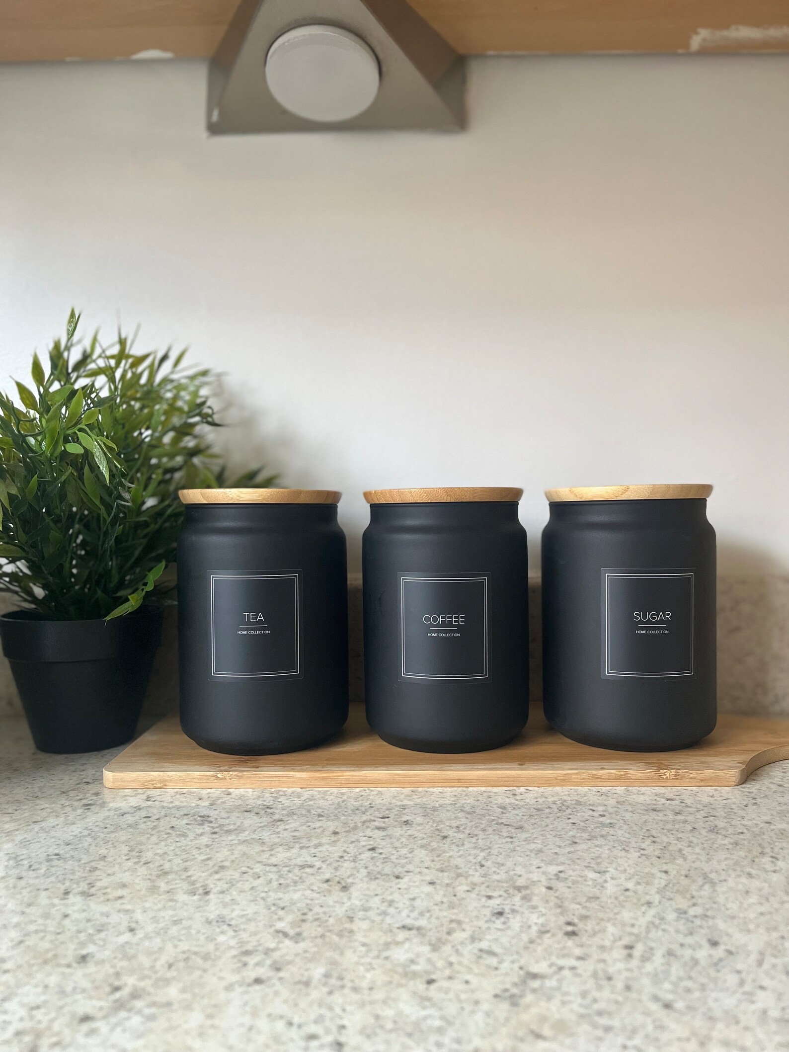Set of 3 Black Jars Canisters. Tea Coffee Sugar. Bamboo Lid Storage ...