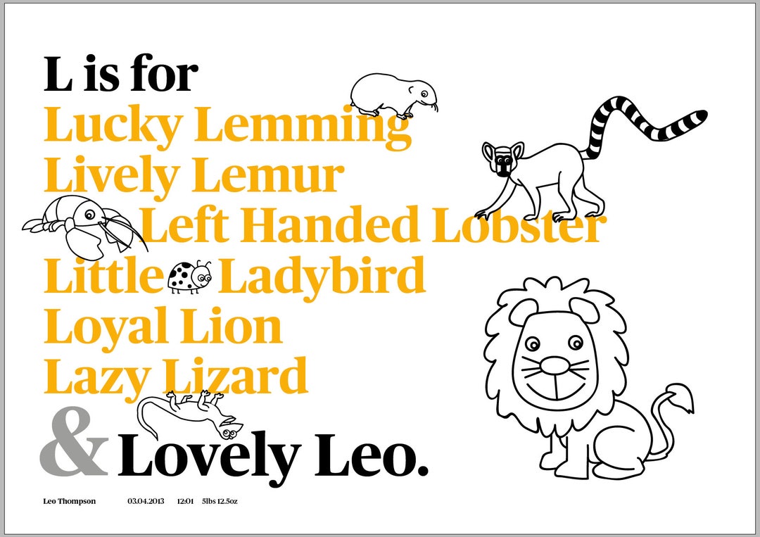 Letter L Personalised Print, Print for Nursery, 1st Birthday Gift ...