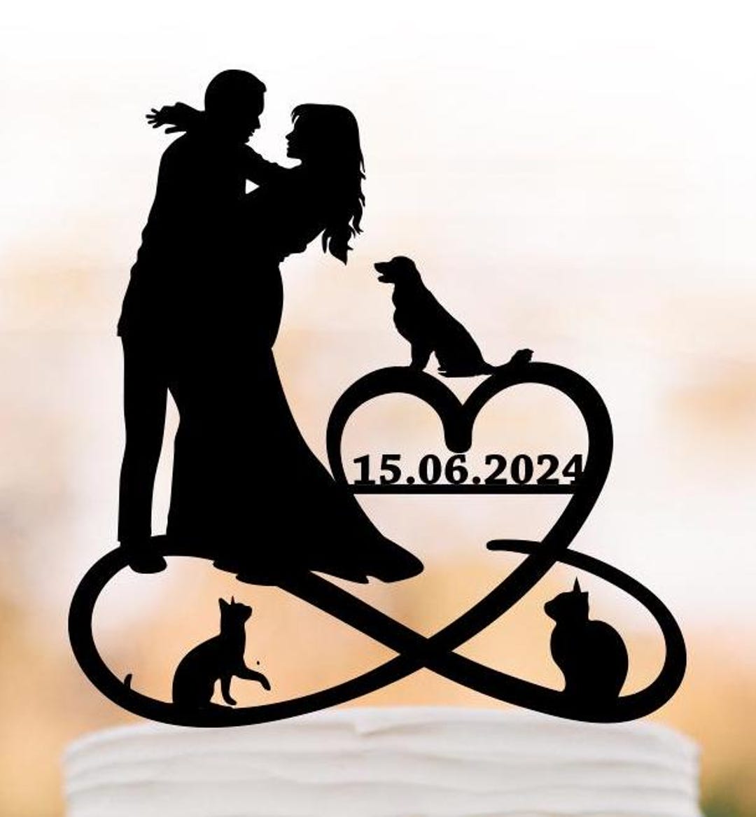 Custom Date in Heart Wedding Cake Topper With Dog and Cat, Bride and ...