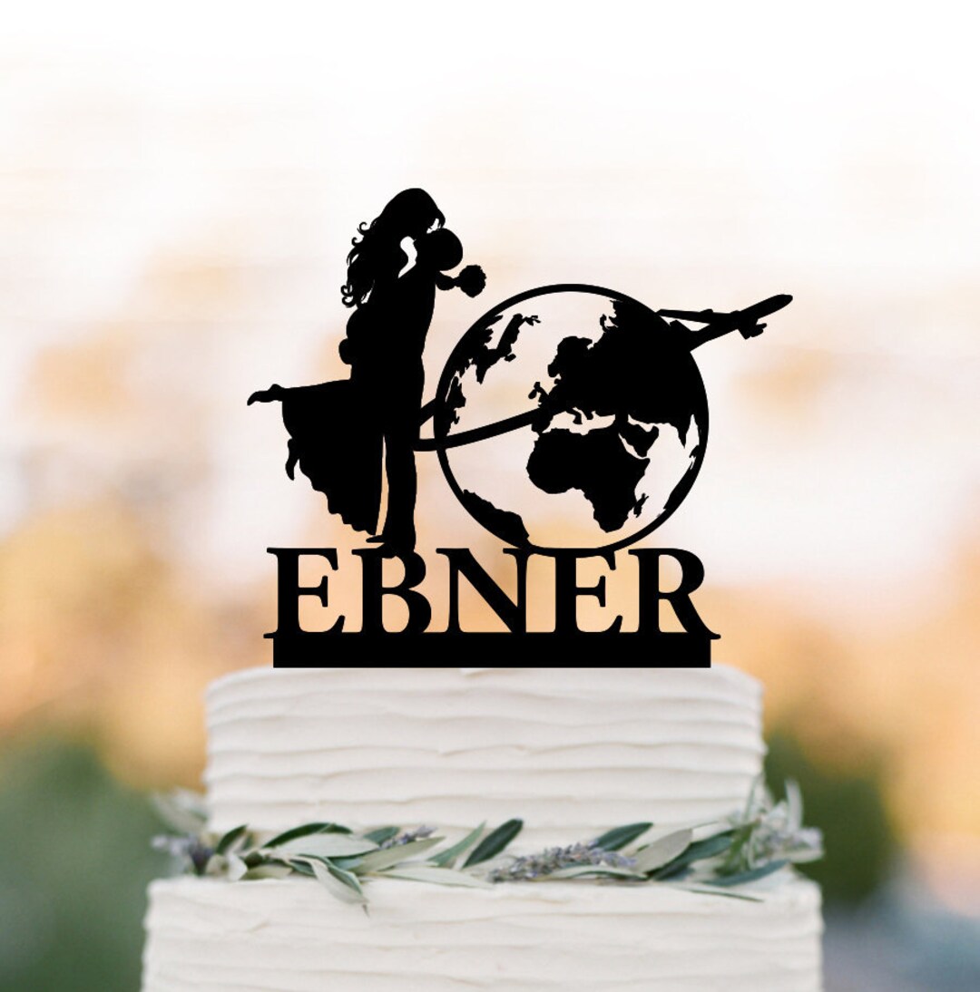 Travel Themed Wedding Cake Topper With Custom Name, World Map Cake ...