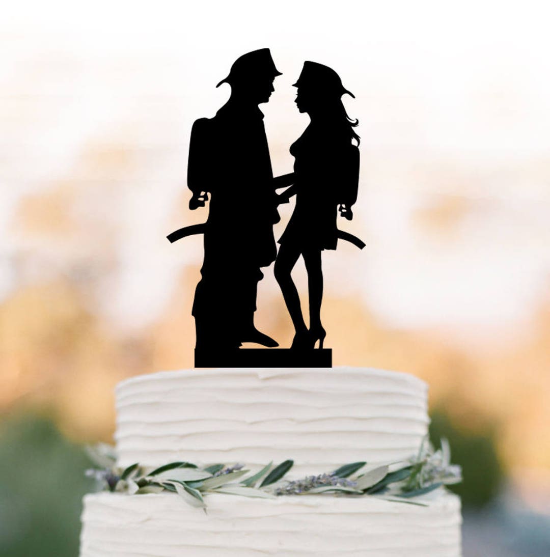 Fireman Groom and Bride Silhouette Wedding Cake Toppers,firefighter ...