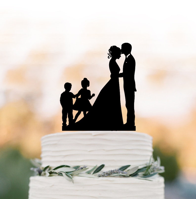 Wedding Cake Topper With Two Child, Bride and Groom Silhouette ...