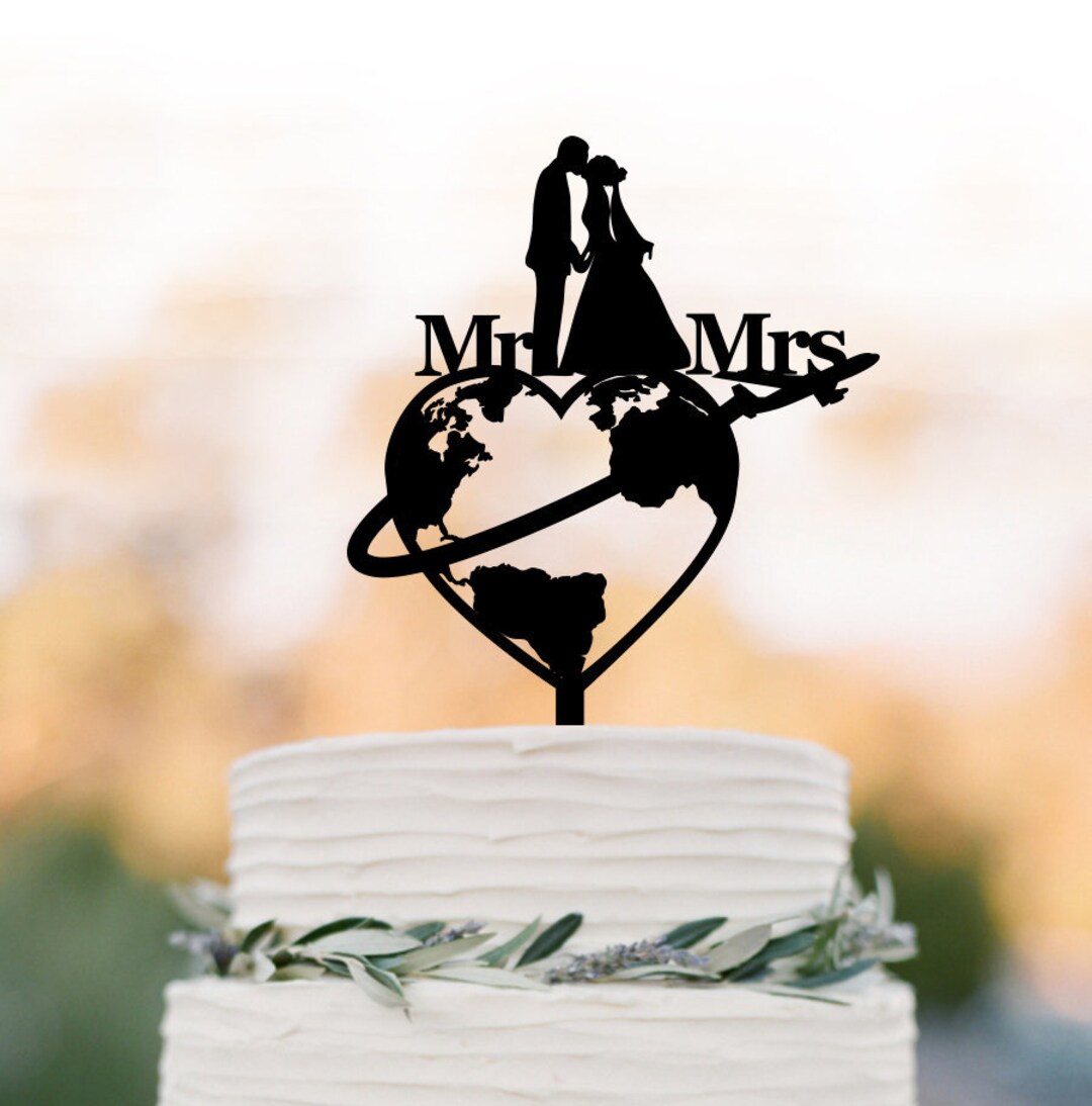 Travel Themed Wedding Cake Topper, World Map Silhouette Cake Topper ...