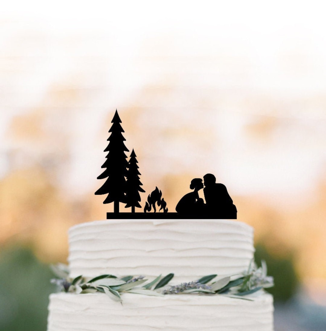 Outdoor Camping Wedding Cake Topper With Tree Couple Silhouette People ...