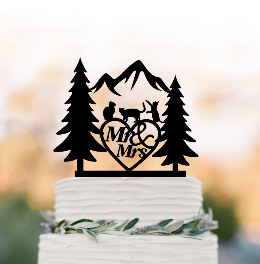 Outdoors Wedding Cake Topper Mountain Cake Topper With 3 Cats - Etsy