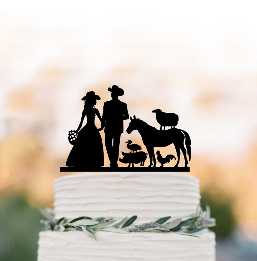 Farmer Cowboy Wedding Cake Topper With Horse Chicken Pig Sheep Rustic ...