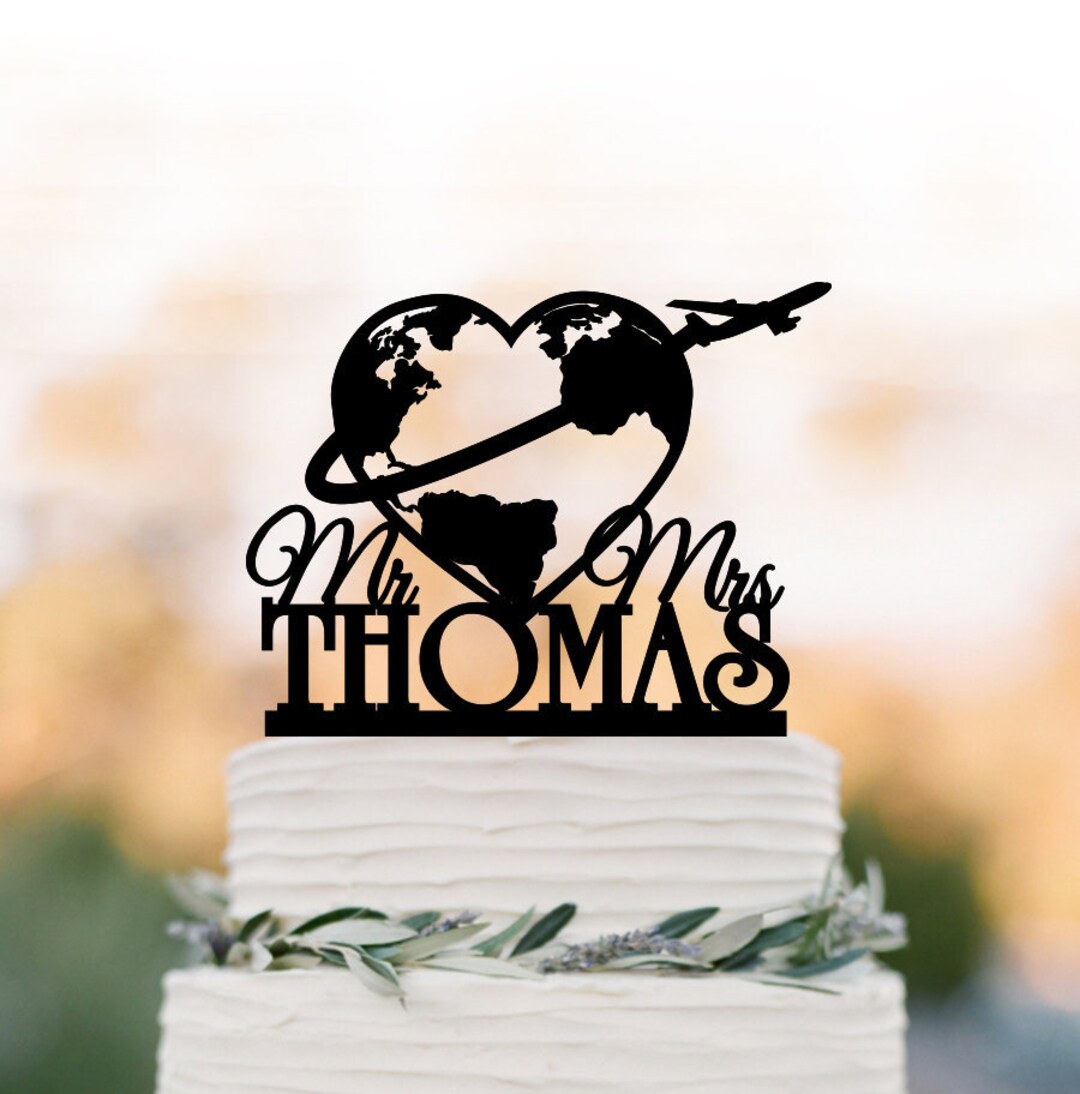 Travel Themed Custom Wedding Cake Topper With Mr and Mrs, World Map ...