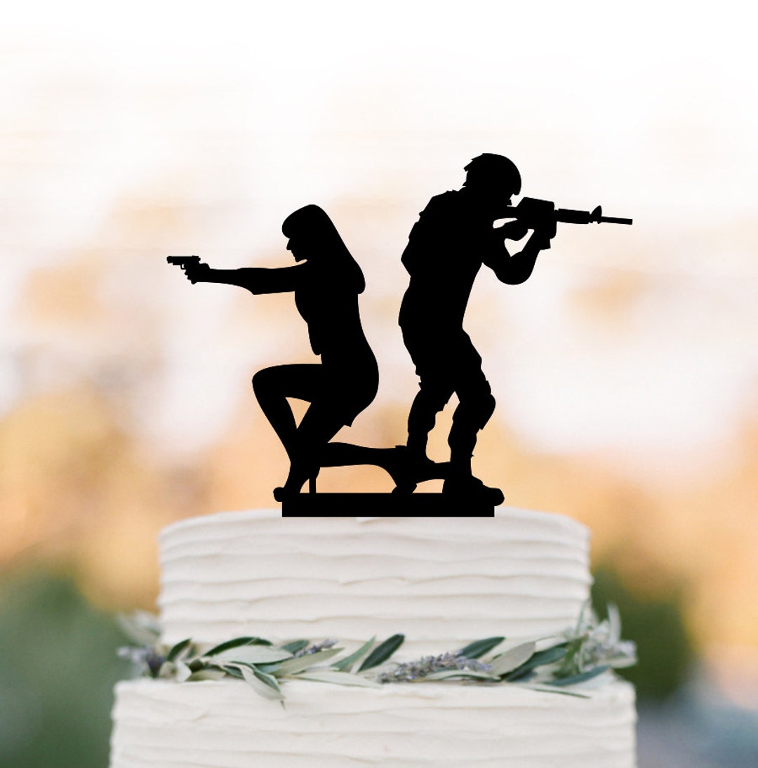 Bride and Groom With Gun Wedding Cake Toppers, Sexy Spy Theme Wedding ...