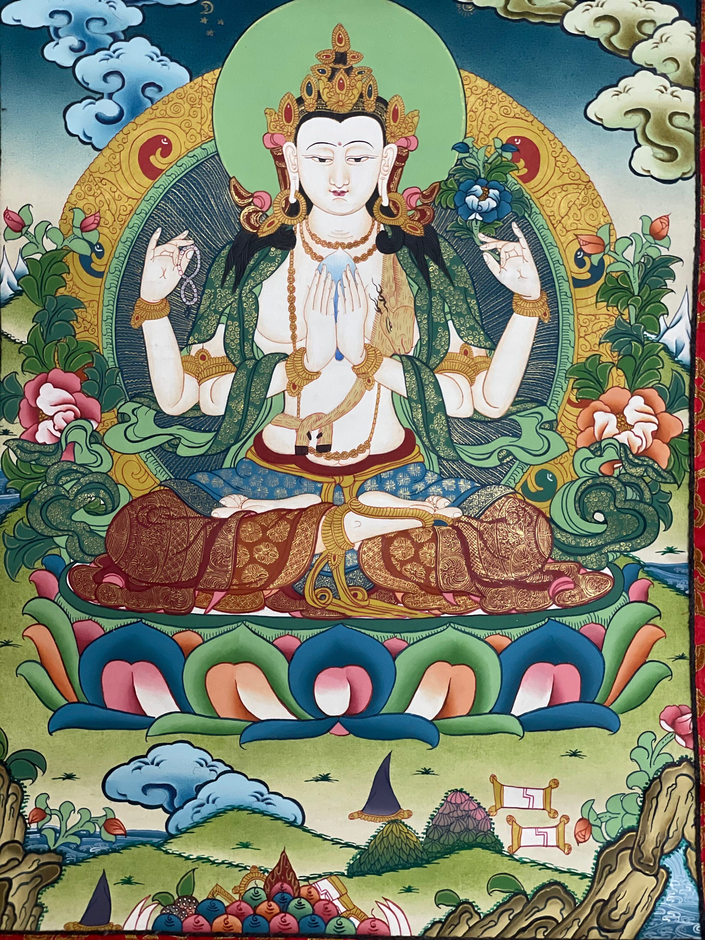 4 Armed Chenrezig BODHISATTVA Thangka Hand Painted in Nepal - Etsy UK