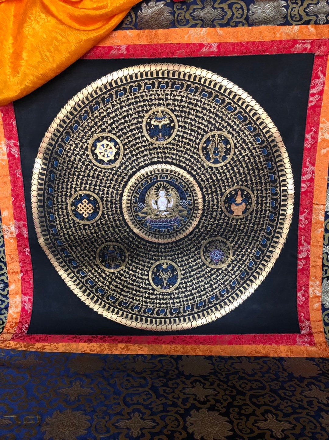 Handpainted Thangka From Nepal Mantra and Asthamangal With Central ...