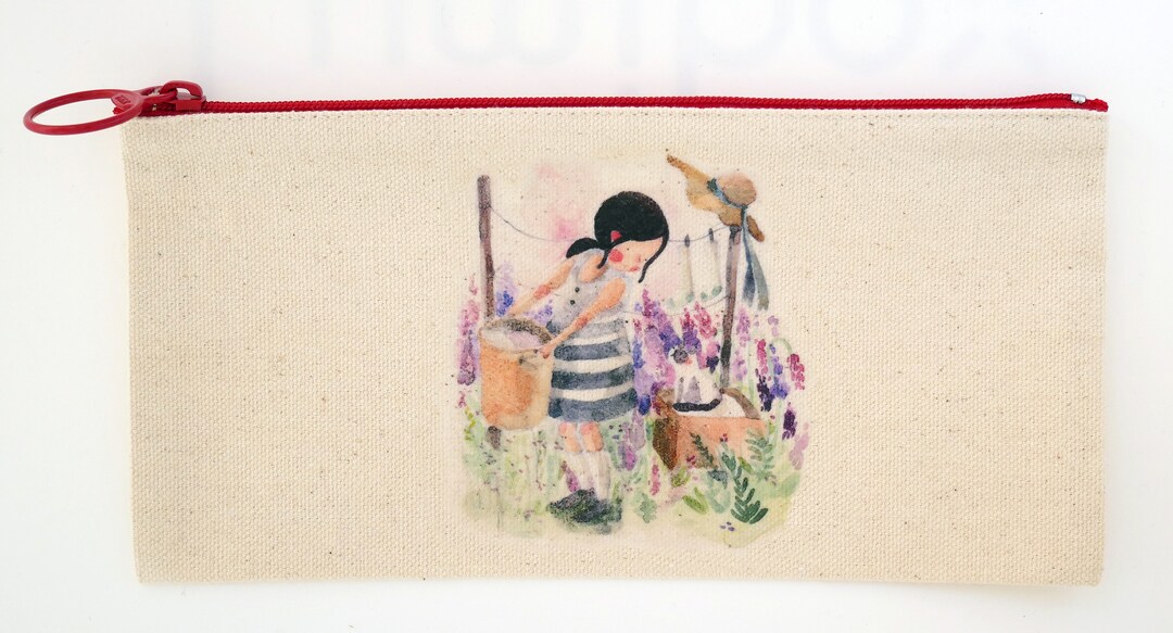 Watercolor Illustration Canvas Pencil Pouch - Girl Doing Laundry - Etsy