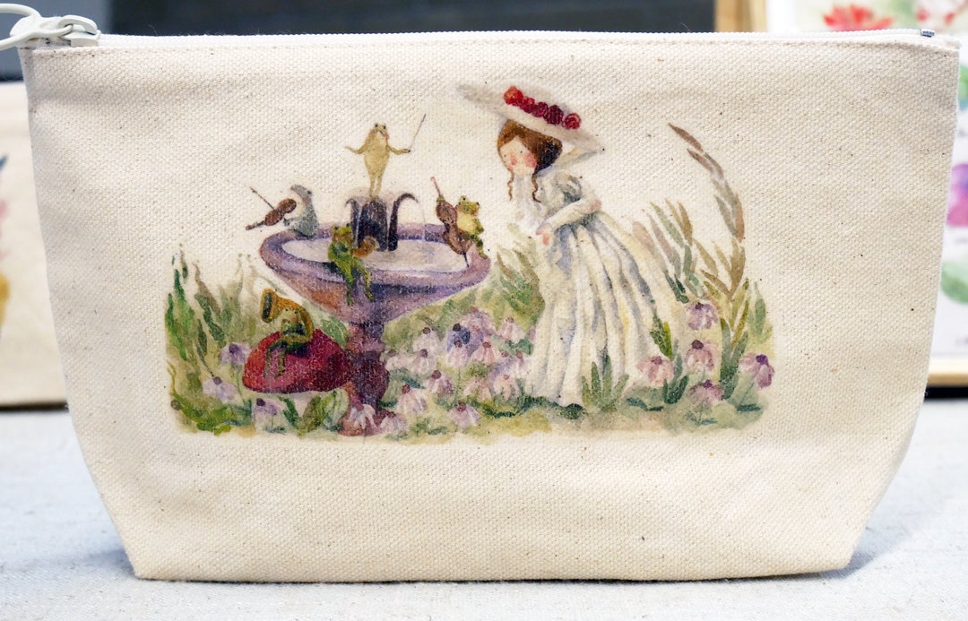 Watercolor Illustration Canvas Pouch, Girl With Frogs Design - Etsy