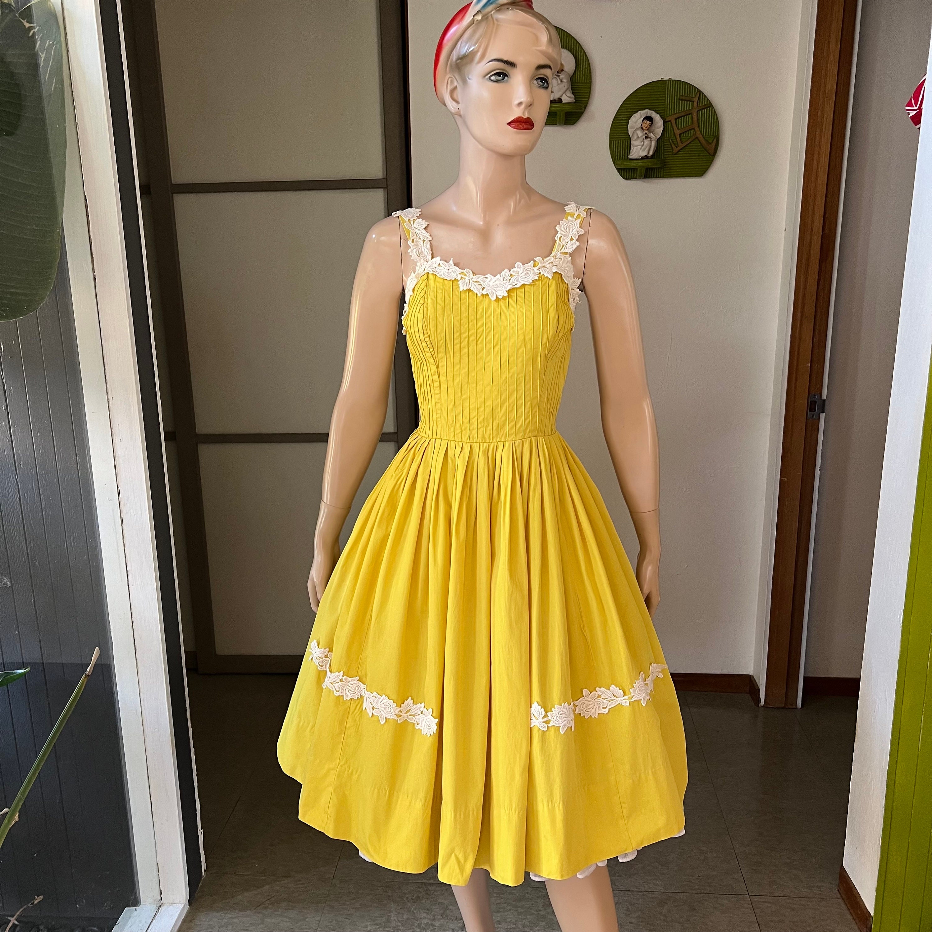 1950s Vintage Yellow Sun Dress With White Applique Lace Trim - Etsy