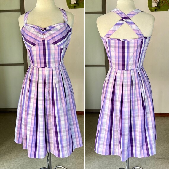 1960s vintage purple plaid sun dress with cross cross… - Gem