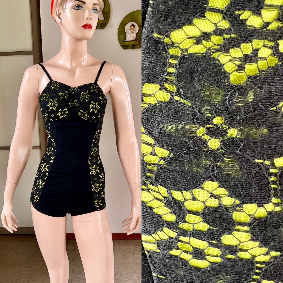 1950s Vintage Surf Togs Black and Chartreuse Swimsuit XS - Etsy