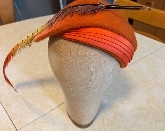 1940s Vintage Rust Color Fuzzy Hat With a Pheasant Feather by Merrimac ...