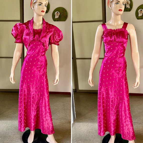 1930s vintage shocking pink bias cut gown dress with … - Gem
