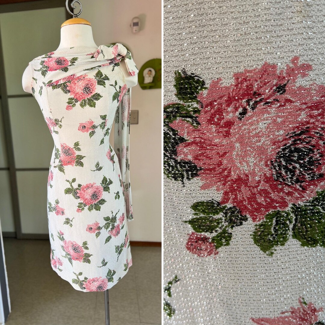 1950s or 60s Vintage Rose Print Chromespun Lurex Dress With Sash 26-27w ...