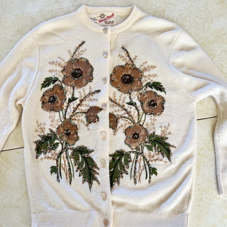1950s or 60s Vintage Orlon Cardigan With Flower Print and Glitter S - Etsy