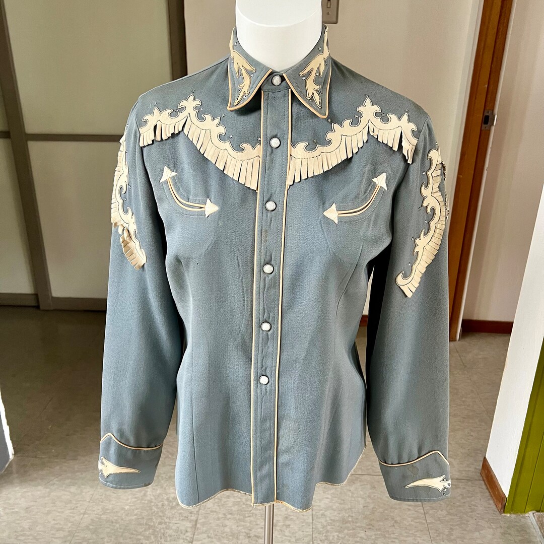 1940s Vintage Slate Blue Gabardine Western Shirt With Rhinestones ...