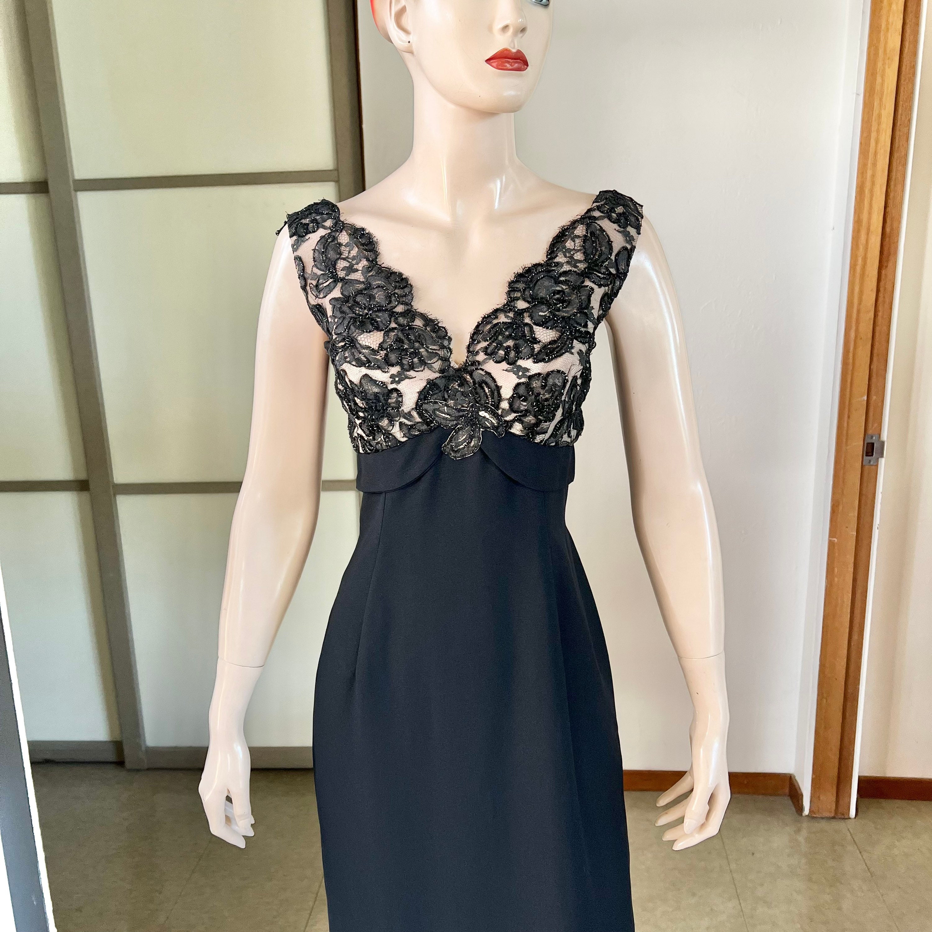 1960s Vintage Mike Benet Formals Long Gown Dress With Lace Illusion ...