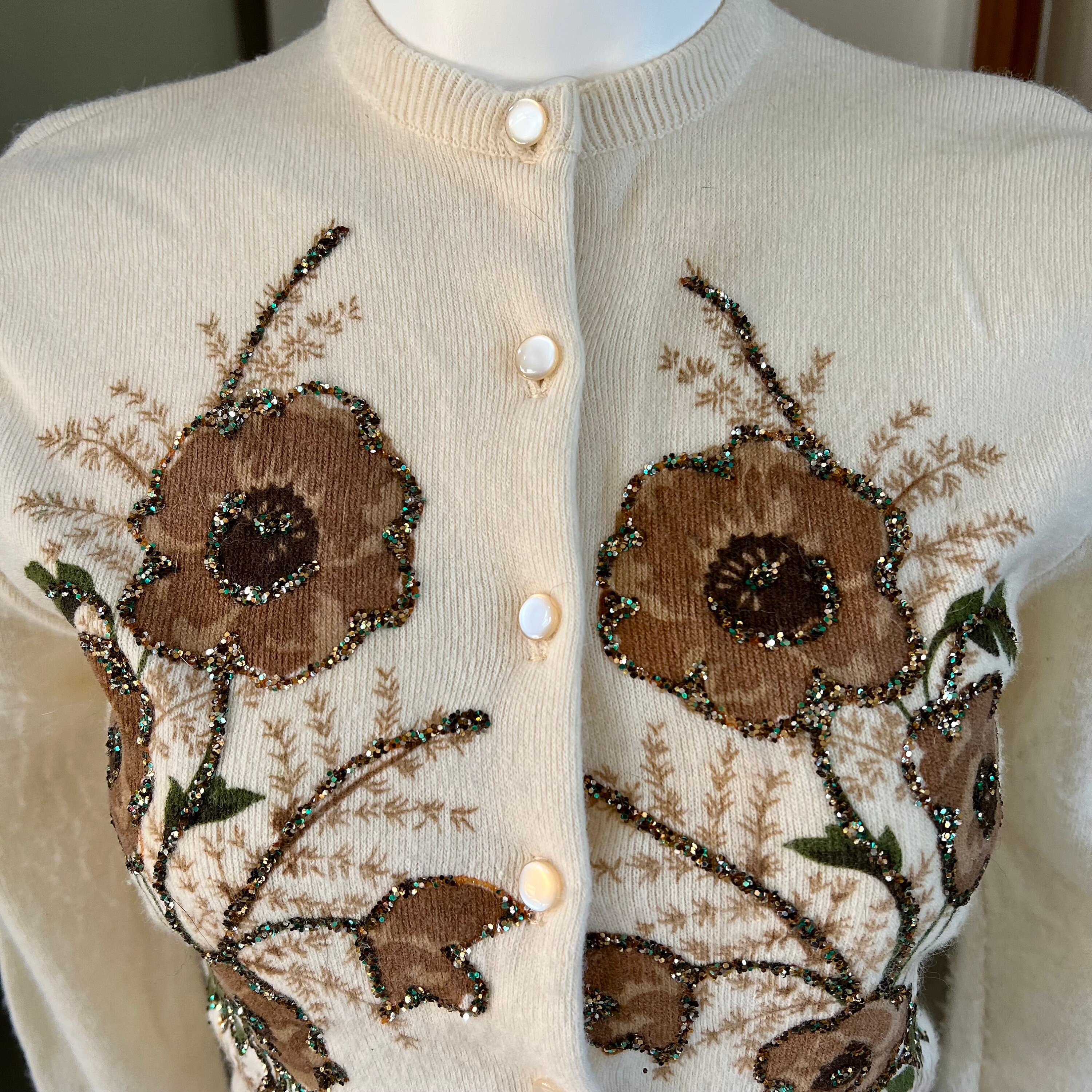 1950s or 60s Vintage Orlon Cardigan With Flower Print and Glitter S - Etsy