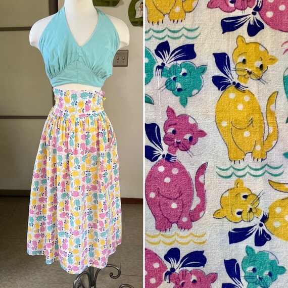 1950s vintage cat kitten novelty print high waisted s… - Gem