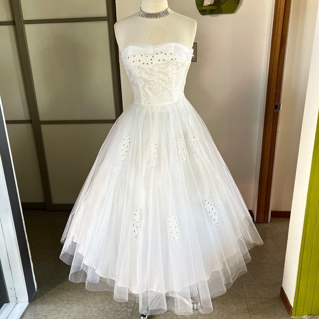 1950s Vintage Strapless Lace and Tulle Tea Length Wedding Dress 26W - Etsy