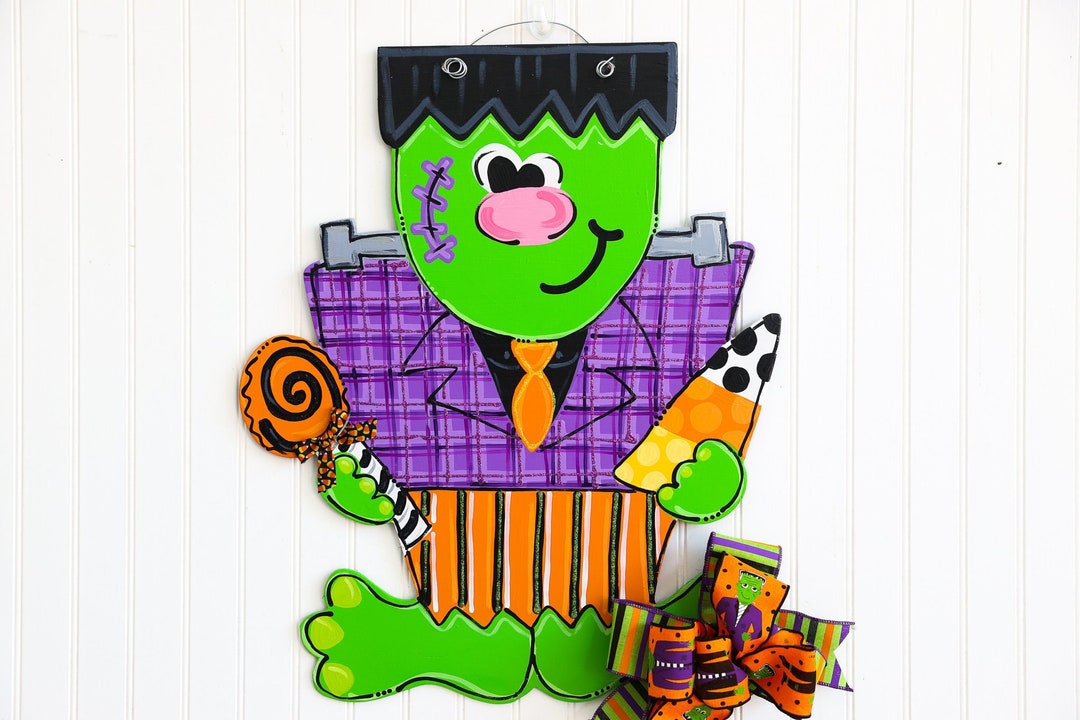 Spooky Cute Halloween Sign, Frankenstein Wooden Door Hanger, Fall Decor ...