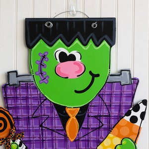 Spooky Cute Halloween Sign, Frankenstein Wooden Door Hanger, Fall Decor ...