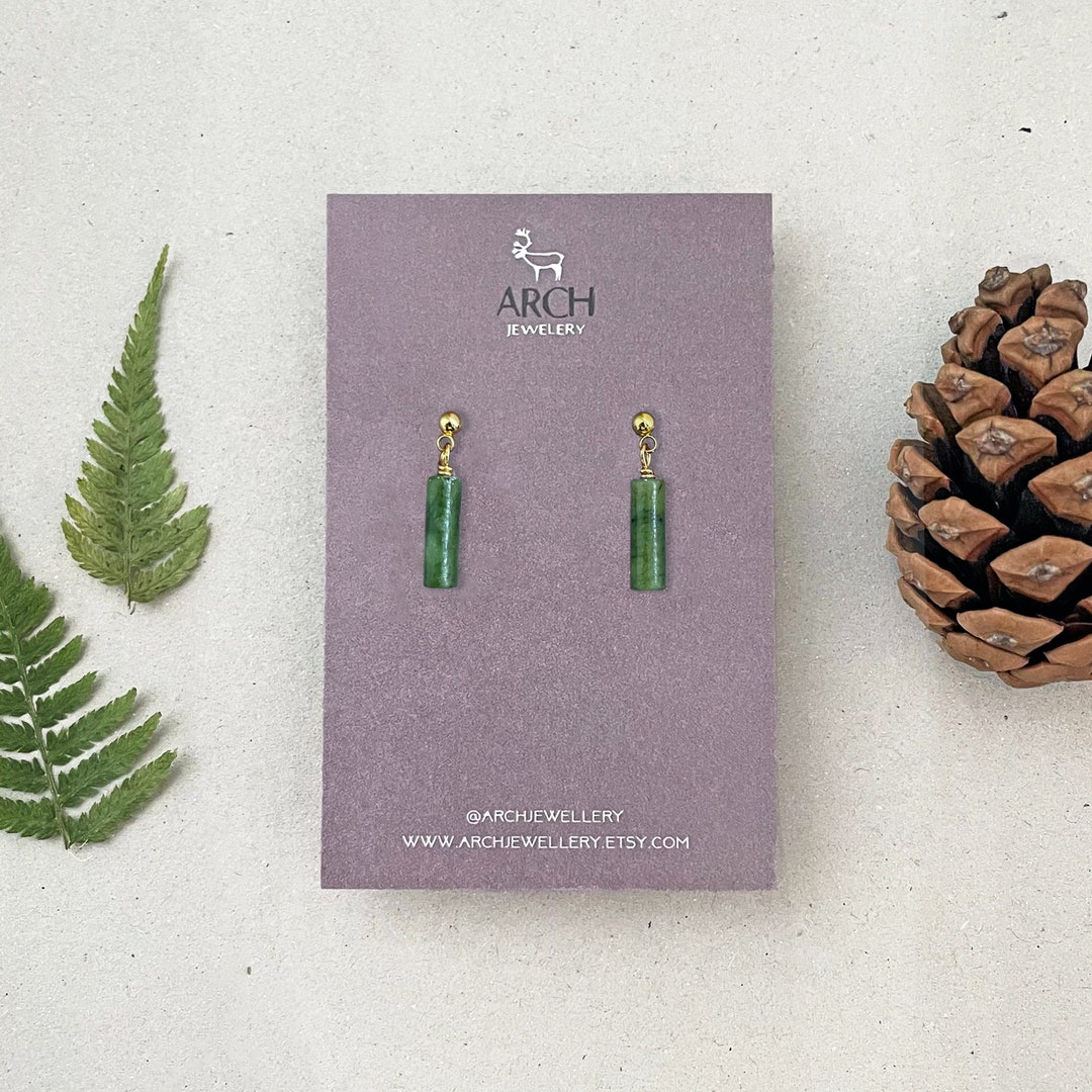 Green Jade Cylinder Dangle Stud Earrings // 18k Gold Plated Stainless ...