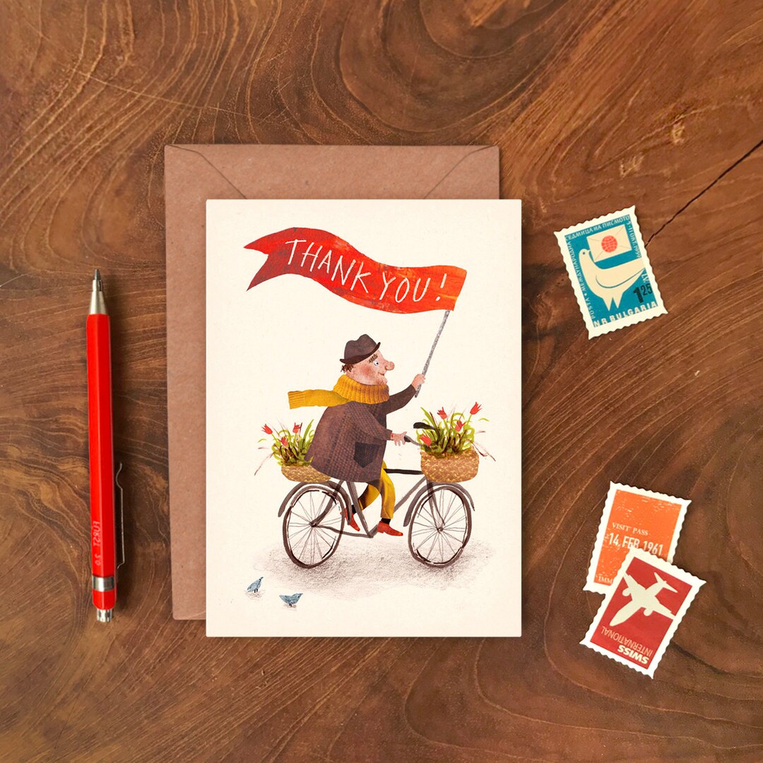 Thank You Card, Plastic Free Bicycle Character Card, Bike Flag Thank ...