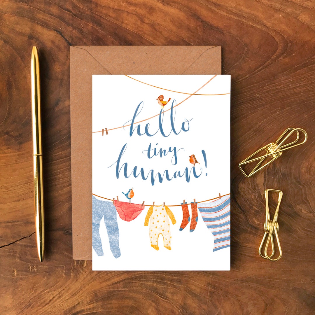 Hello Tiny Human Greetings Card, New Baby Card, Baby Clothes Washing Line Card, Baby Boy or Girl ...