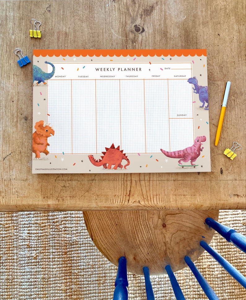 Dinosaur Weekly Planner Notepad, Colorful Dino Illustration A4 Desk ...