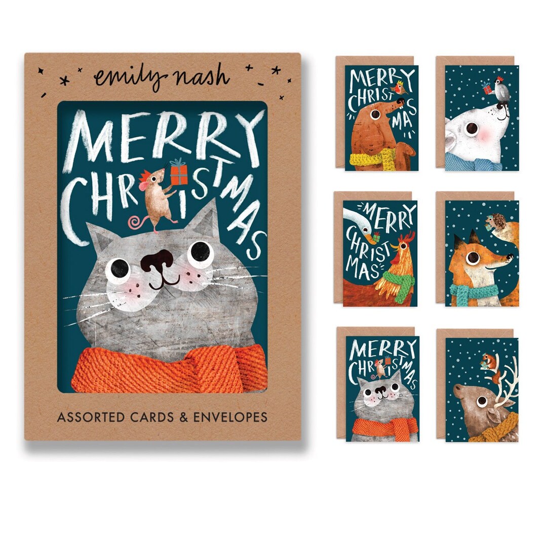 Pack of 6 Christmas Animals Cards / Multipack of Illustrated Cat, Dog ...